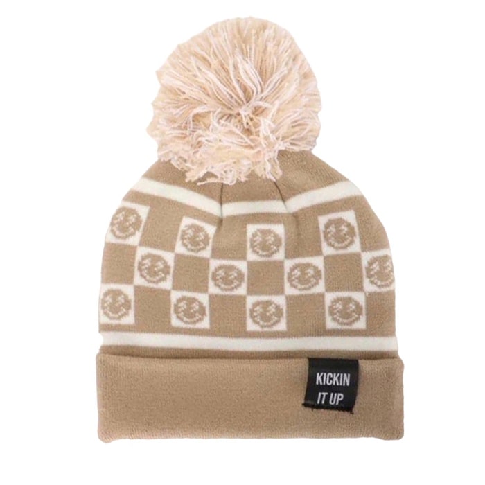 Kids Beanies - Tan & White Checkered Smiley Face Beanie – Ledger Nash